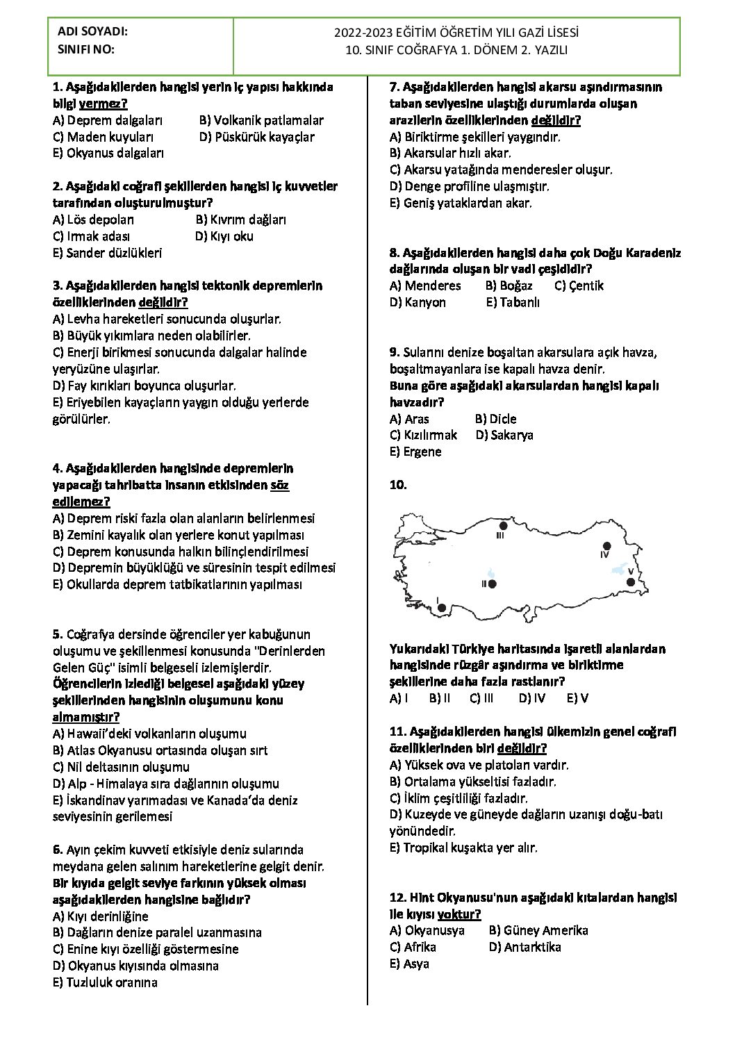 10. SINIF COĞRAFYA 1. DÖNEM 2. YAZILI TEST | Sosyal Bilgiler ...