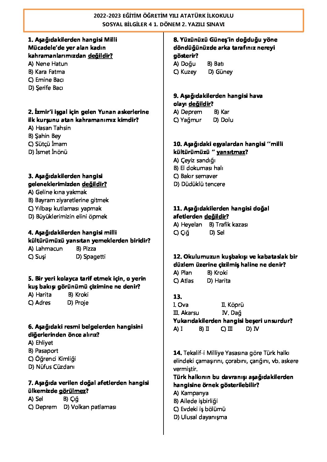 4. SINIF SOSYAL BİLGİLER 1. DÖNEM 2. YAZILI SINAVI TEST PDF CEVAPLI ...