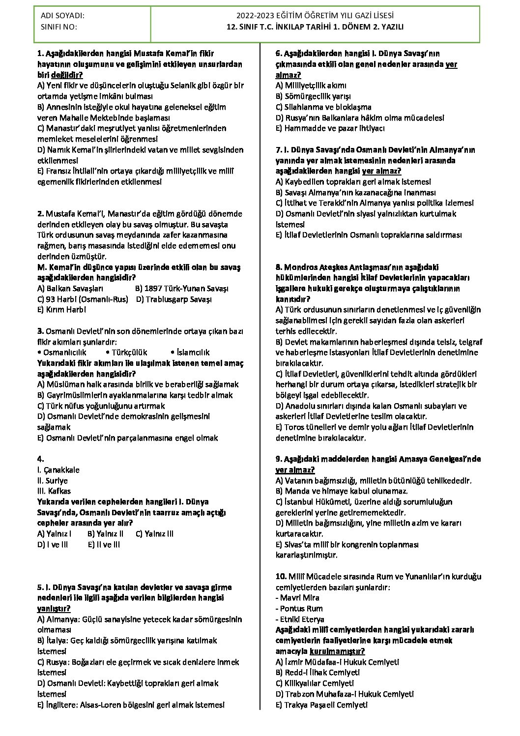12. SINIF T.C. İNKILAP TARİHİ 1. DÖNEM 2. YAZILI | Sosyal Bilgiler - Sosyalciniz - Zeki DOĞAN