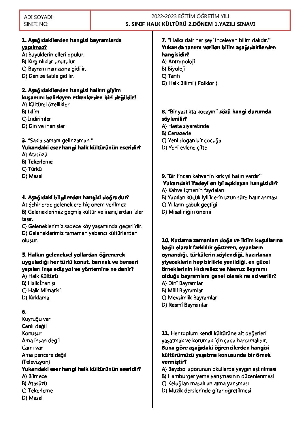5. SINIF HALK KÜLTÜRÜ 2. DÖNEM 1. YAZILI | Sosyal Bilgiler - Sosyalciniz - Zeki DOĞAN