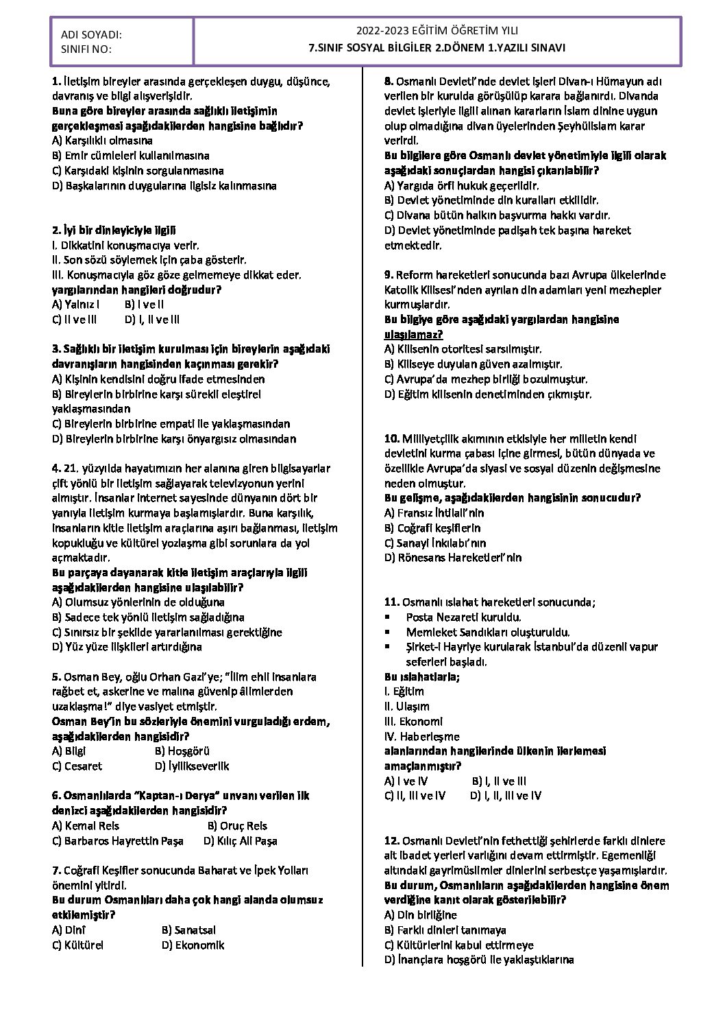 7. SINIF SOSYAL BİLGİLER 2. DÖNEM 1. YAZILI | Sosyal Bilgiler - Sosyalciniz - Zeki DOĞAN