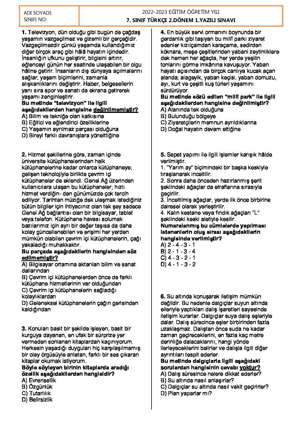 7. SINIF TÜRKÇE 1. DÖNEM KONULARI 2. DÖNEM 1. YAZILI-CEVAP ANAHTARI ...