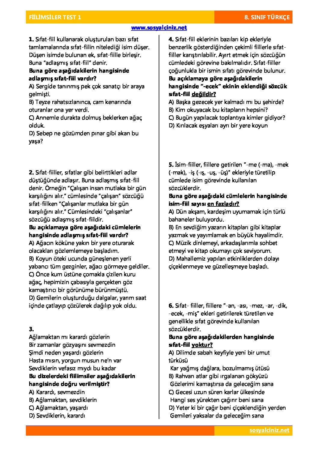 FİİLİMSİLER TEST 1-SOSYALCİNİZ.NET | Sosyal Bilgiler - Sosyalciniz ...