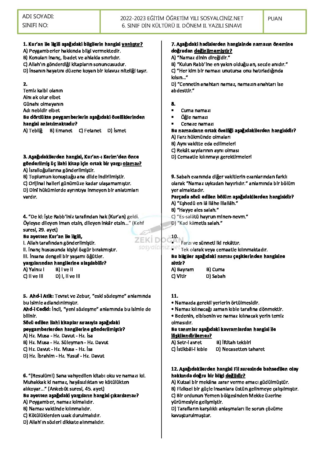 6. Sınıf Din Kültürü 2. Dönem 2. Yazılı Test SOSYALCİNİZ.NET | Sosyal ...