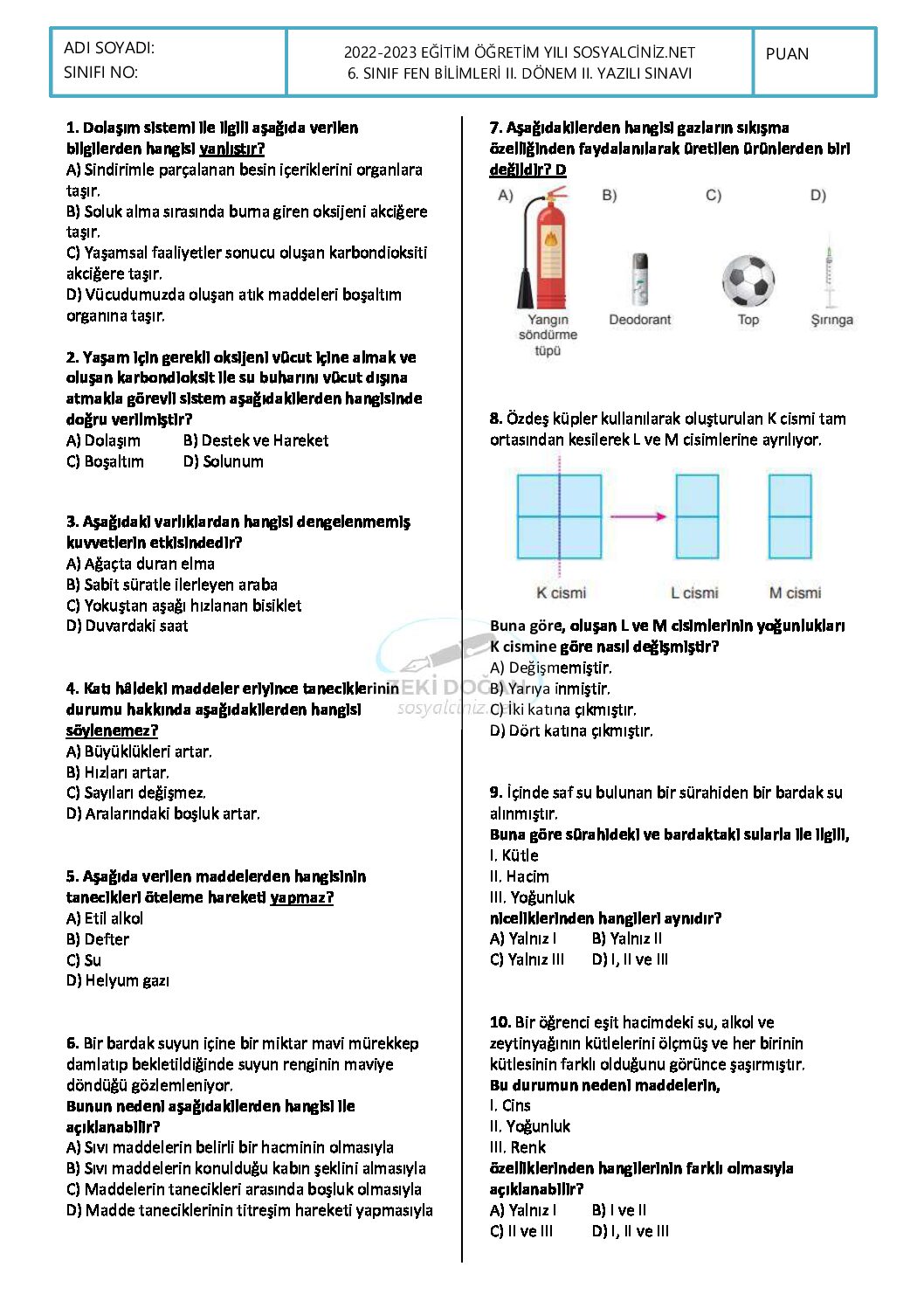 6. Sınıf Fen Bilimleri 2. Dönem 2. Yazılı-SOSYALCİNİZ.NET | Sosyal Bilgiler - Sosyalciniz - Zeki ...