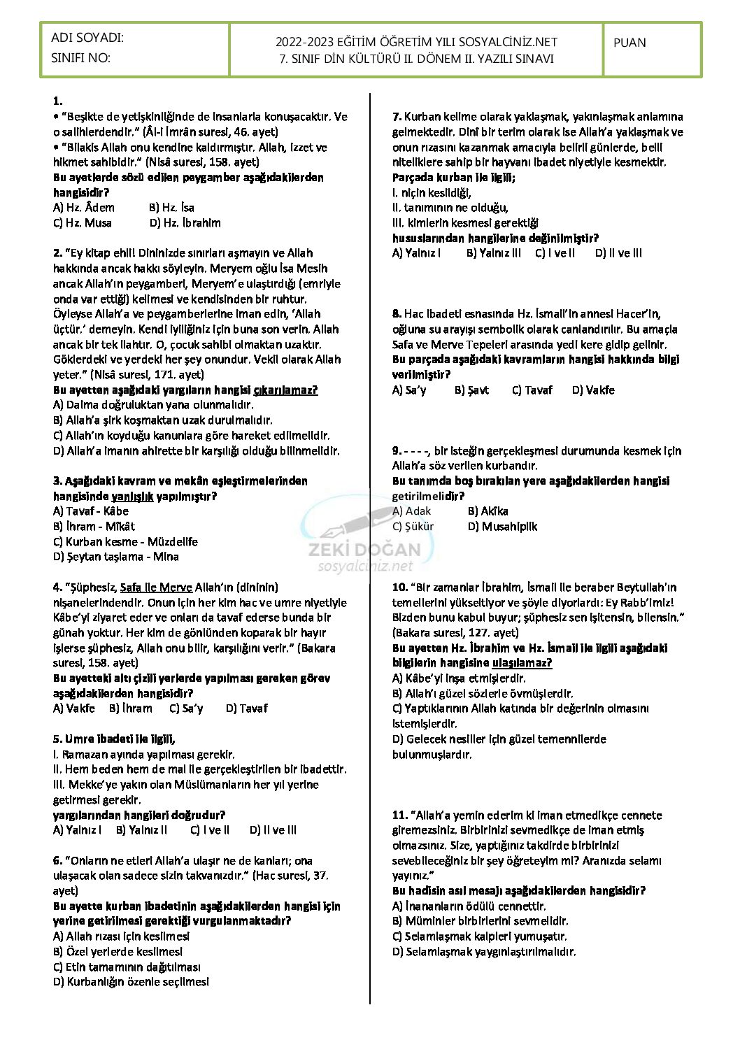 7. Sınıf Din Kültürü 2. Dönem 2. Yazılı Test SOSYALCİNİZ.NET | Sosyal ...
