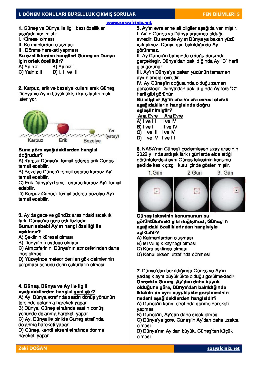 5. SINIF FEN BİLİMLERİ BURSLULUK ÇIKMIŞ SORULAR SOSYALCİNİZ.NET ...