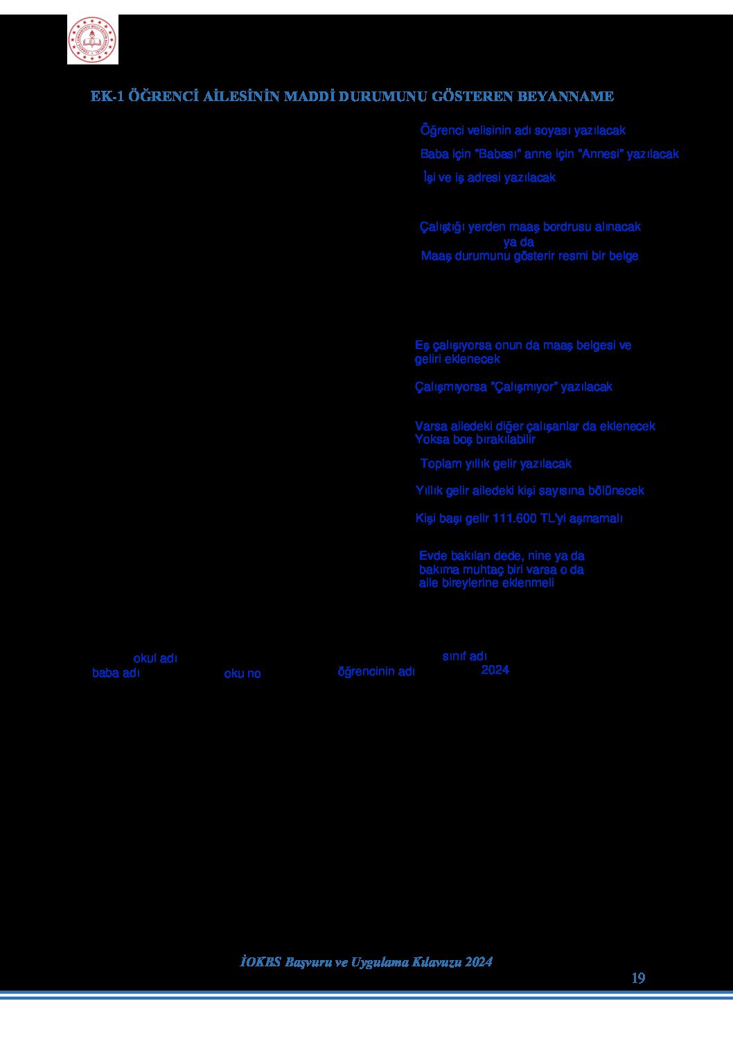 EK-1 Öğrenci Ailesinin Maddi Durumunu Gösteren Beyanname-Doldurulmuş | Sosyal Bilgiler ...