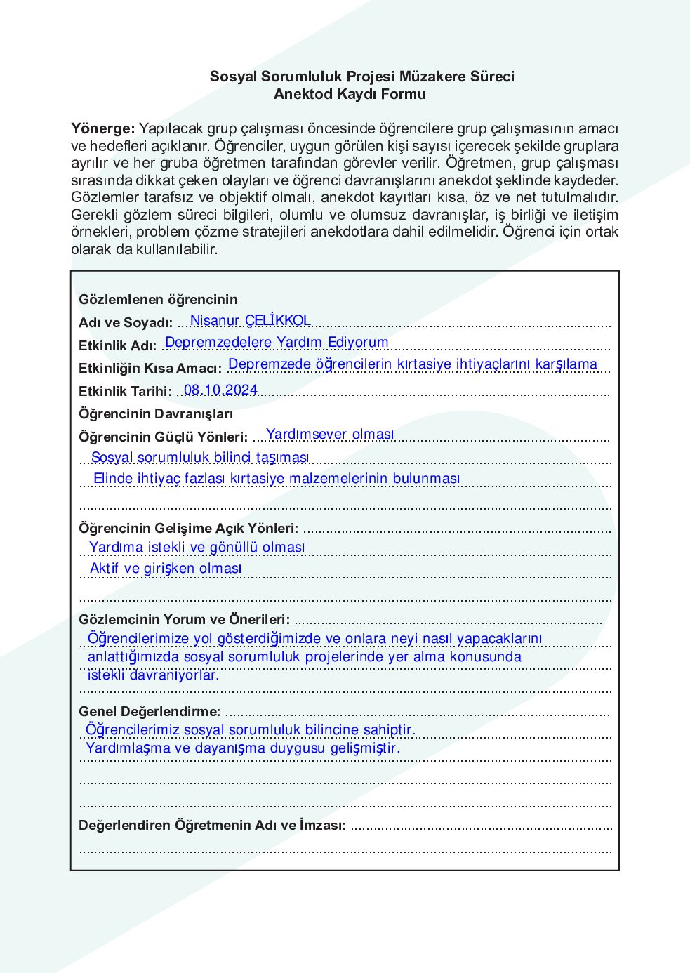 Sosyal Sorumluluk Projesi Anektod Kaydı Formu-DOLDURULMUŞ | Sosyal Bilgiler - Sosyalciniz - Zeki ...