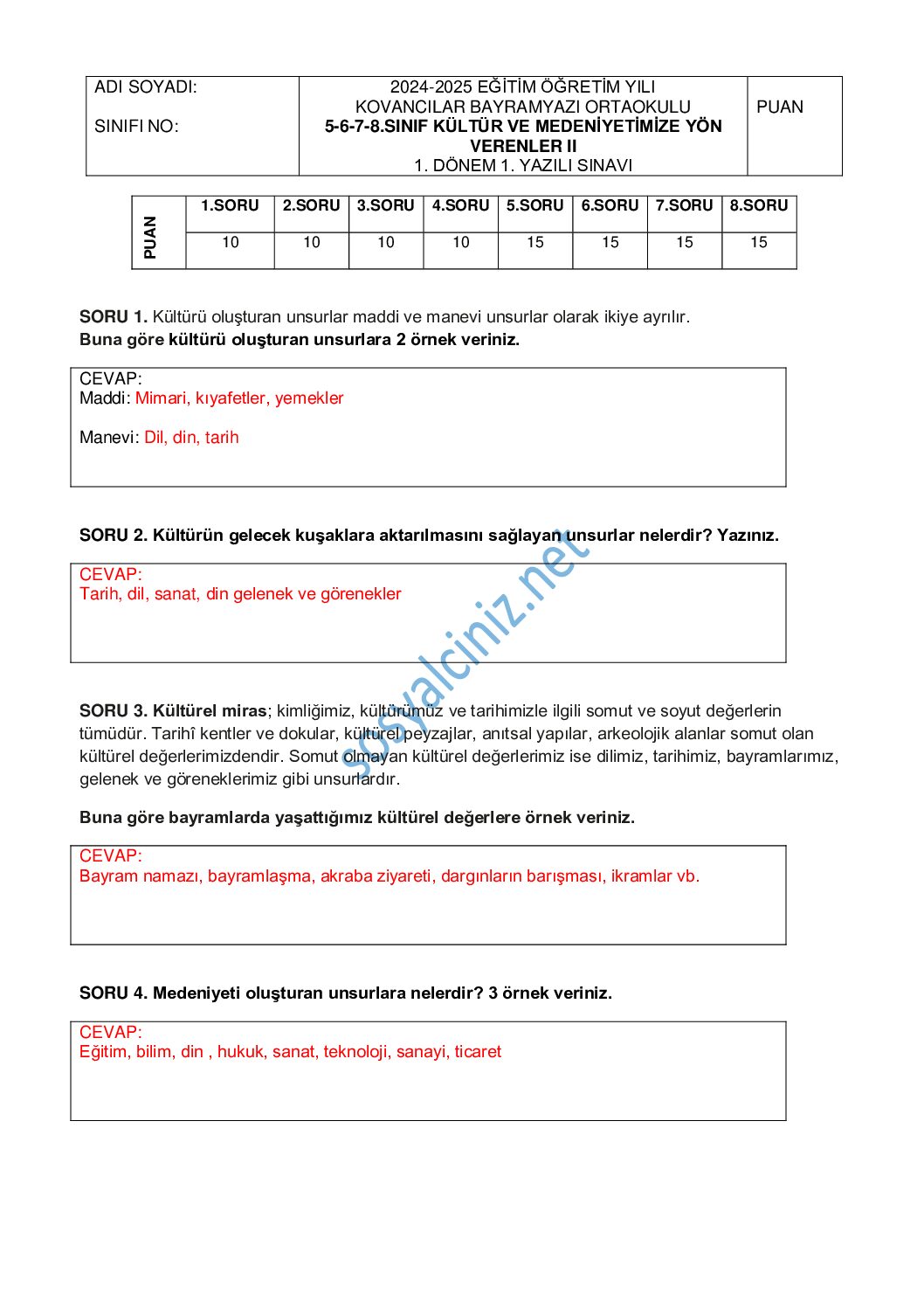 2024-2025 5-6-7-8. SINIF KÜLTÜR VE MEDENİYETİMİZE YÖN VERENLER II 1. DÖNEM 1. YAZILI CEVAPLI ...