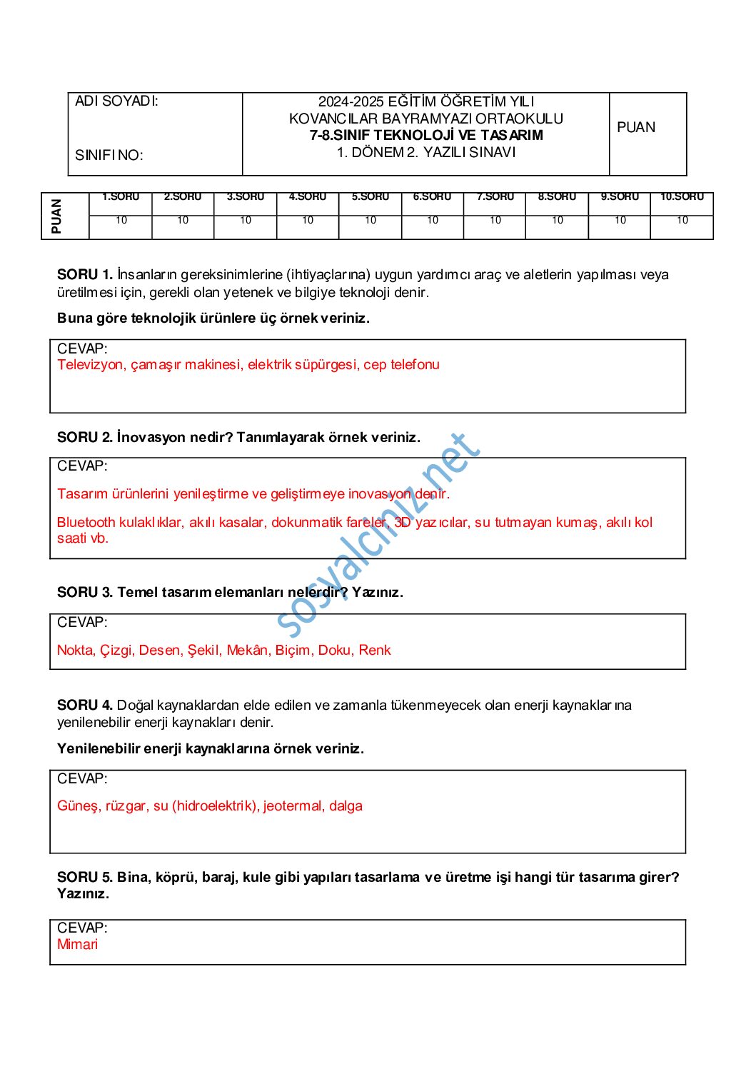 2024-2025 7-8. SINIF TEKNOLOJİ VE TASARIM 1.DÖNEM 2. YAZILI-CEVAPLI | Sosyal Bilgiler ...