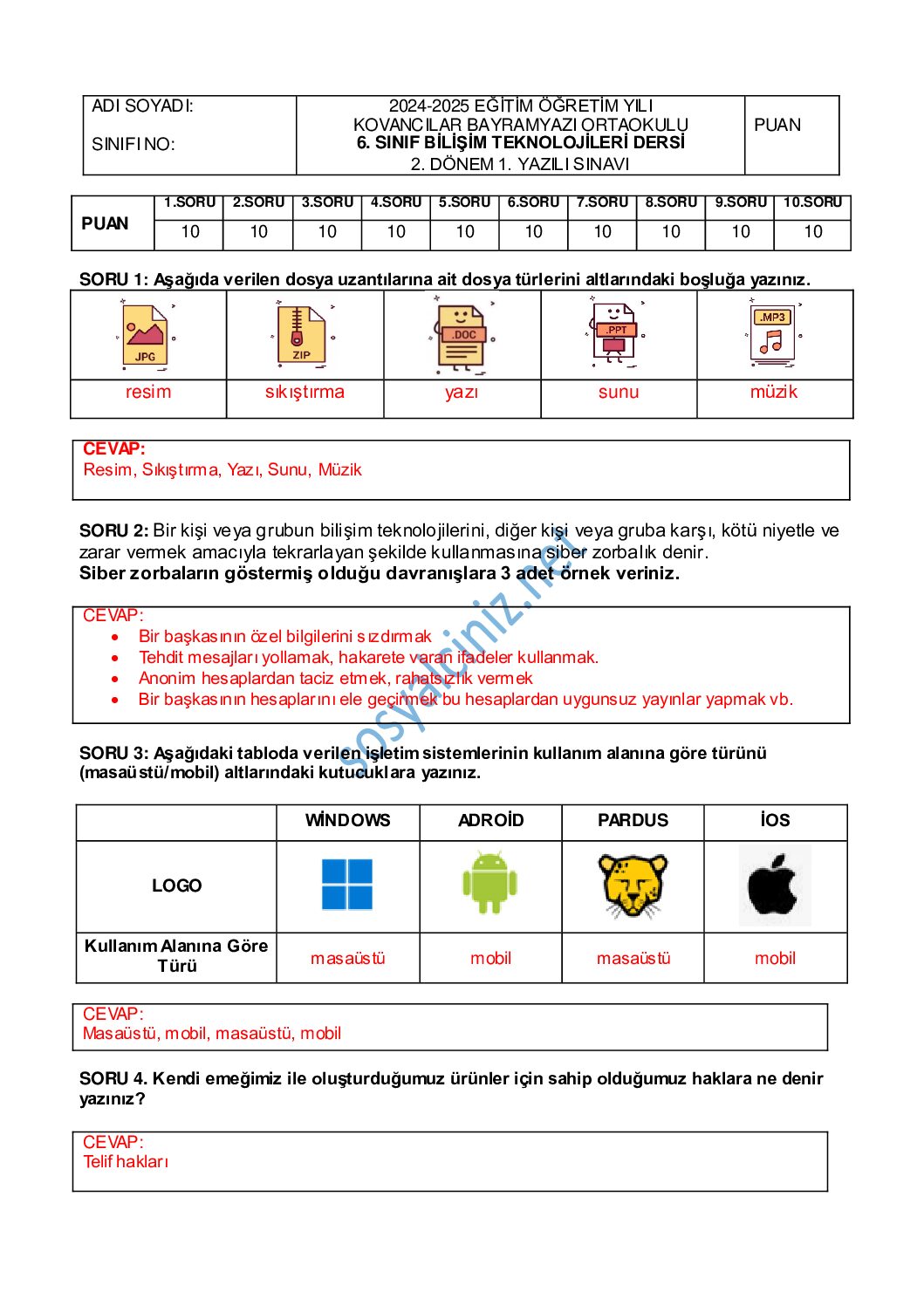 2024-2025 6. SINIF BİLİŞİM TEKNOLOJİLERİ 2. DÖNEM 1. YAZILI CEVAPLI | Sosyal Bilgiler ...